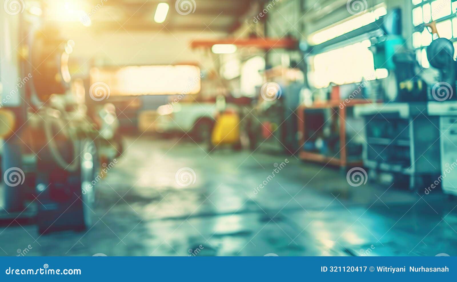 Behind the Scenes, Blurred Panoramic Auto Repair Workshop. Generative ...