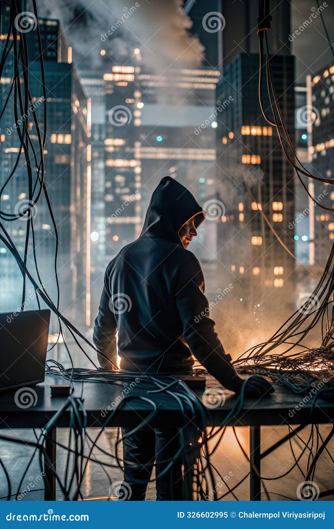 Behind-the-scenes View of a Hooded Hacker in a Room Full of Wires and ...