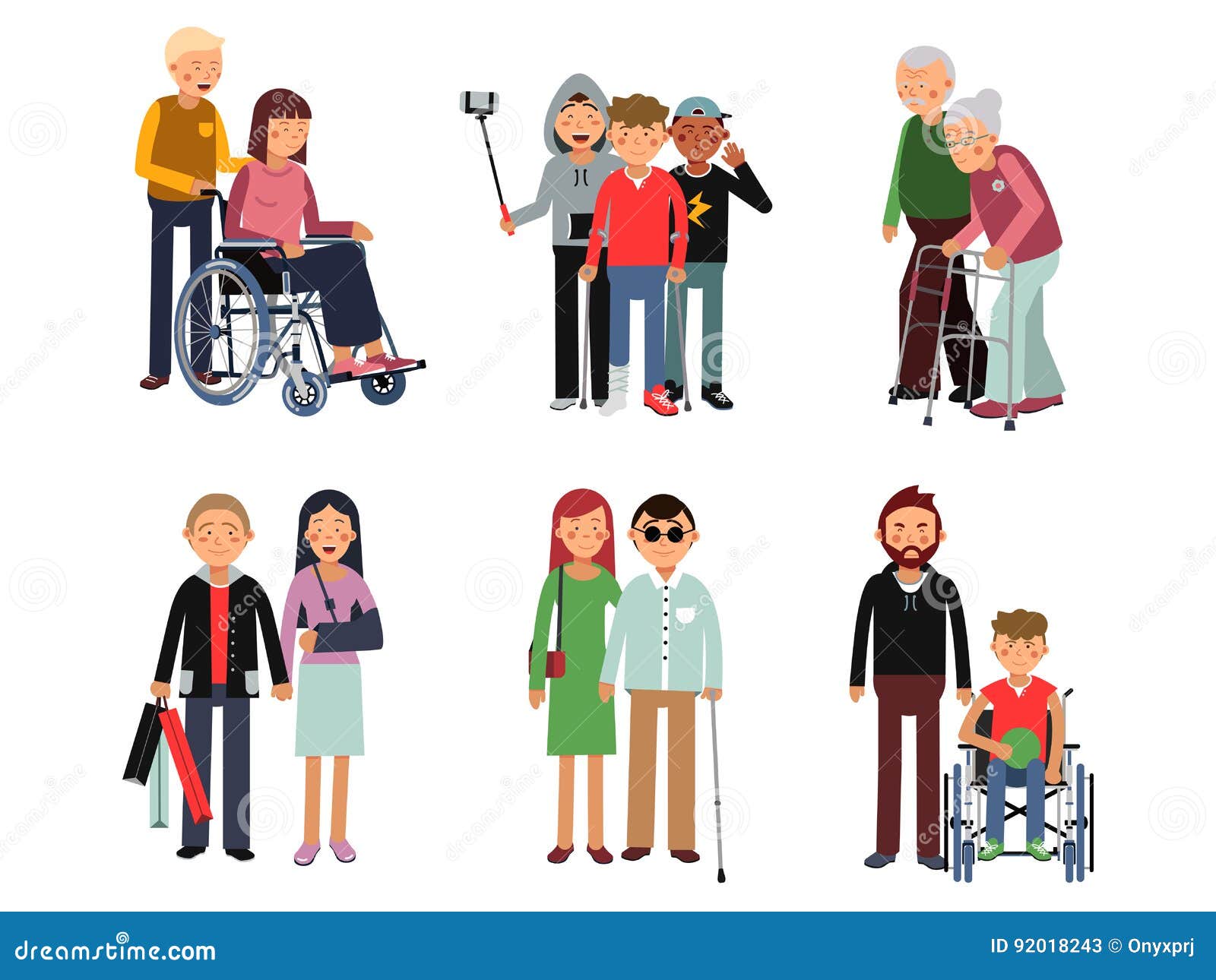 Behinderter Mit Seinen Hilfreichen Freunden Oder Freiwilligen Flache ...