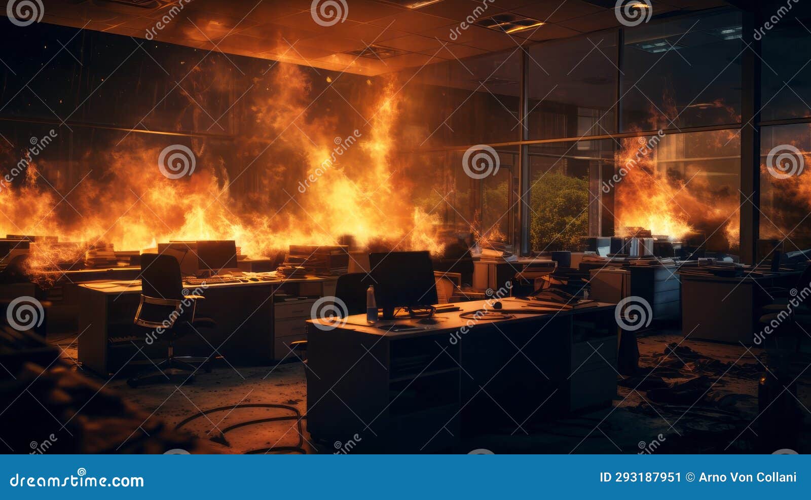 Nightmare Unleashed: Fire Ravages Open Plan Office Under Moonlight ...