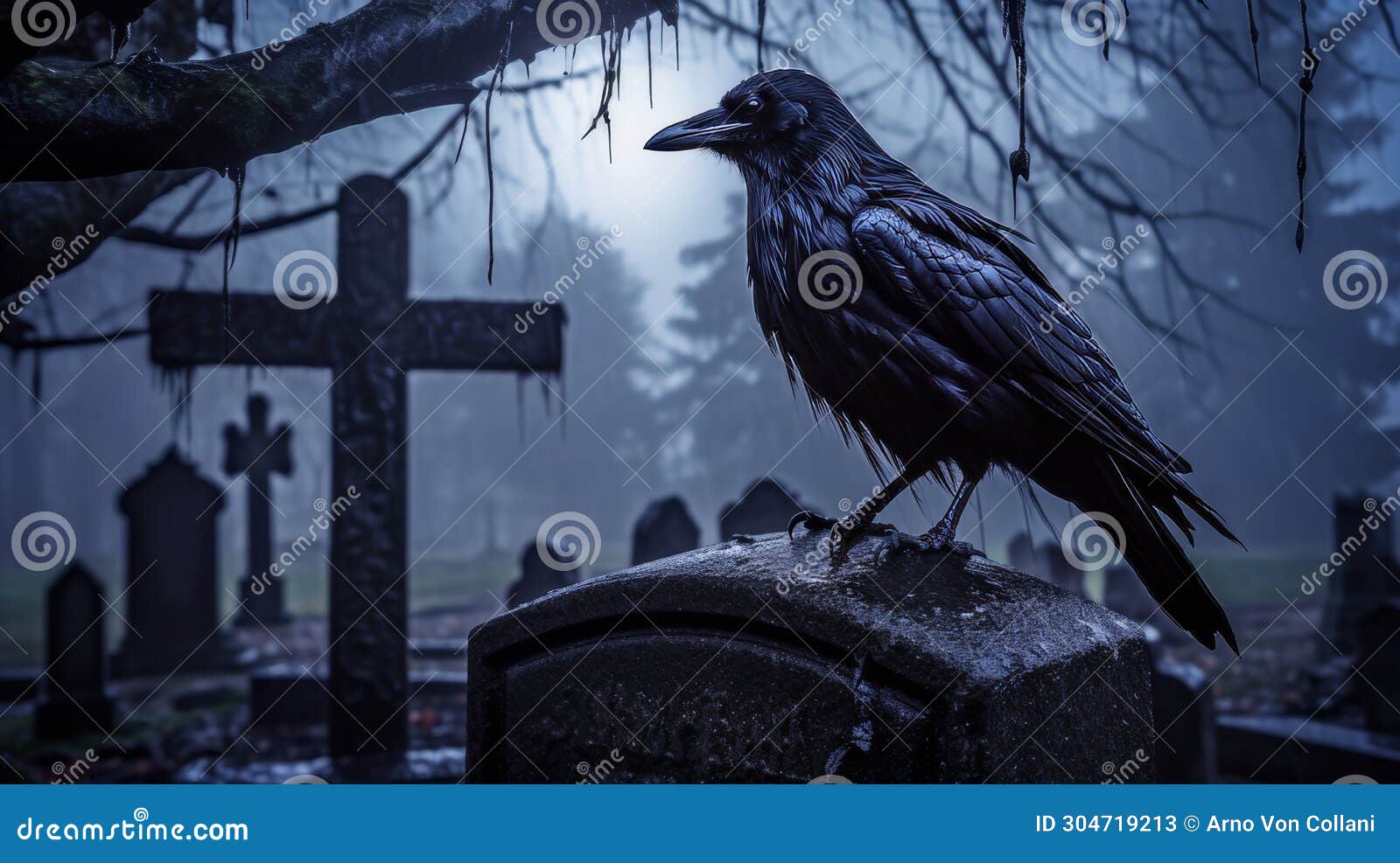 Eerie Elegance: Raven Perched on Tombstone Amidst Mystical Graveyard ...