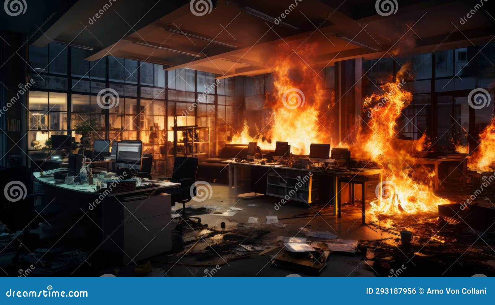 Nightmare at the Office: Fiery Chaos in an Open Workspace Stock Illustration - Illustration of ...
