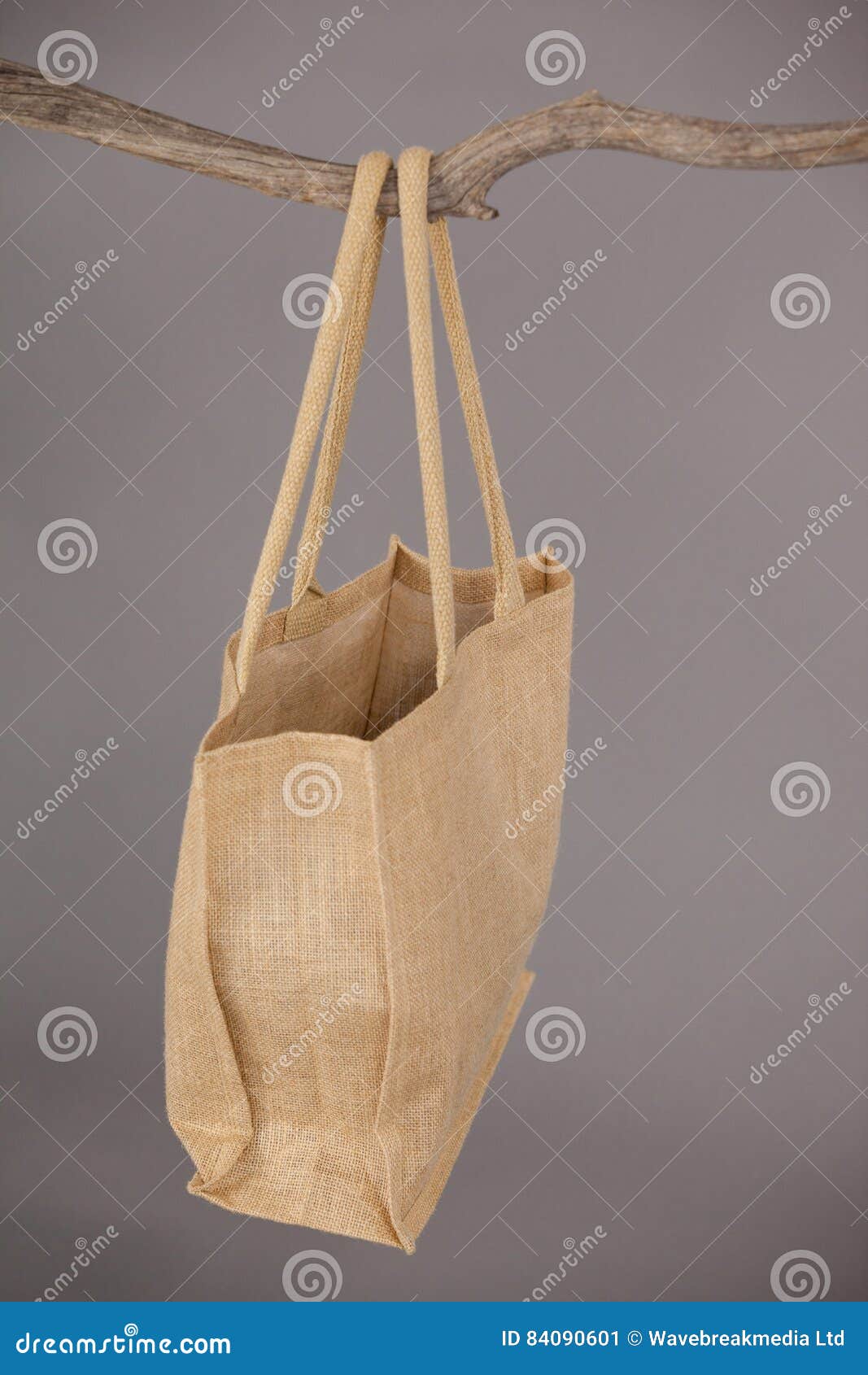 Beige Bag Hanging on a Tree Branch Stock Image - Image of jute, grey ...