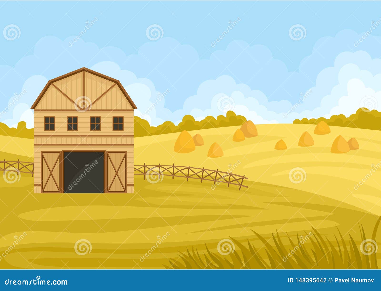 Beige Barn in a Field with a Haystack. Vector Illustration on White ...