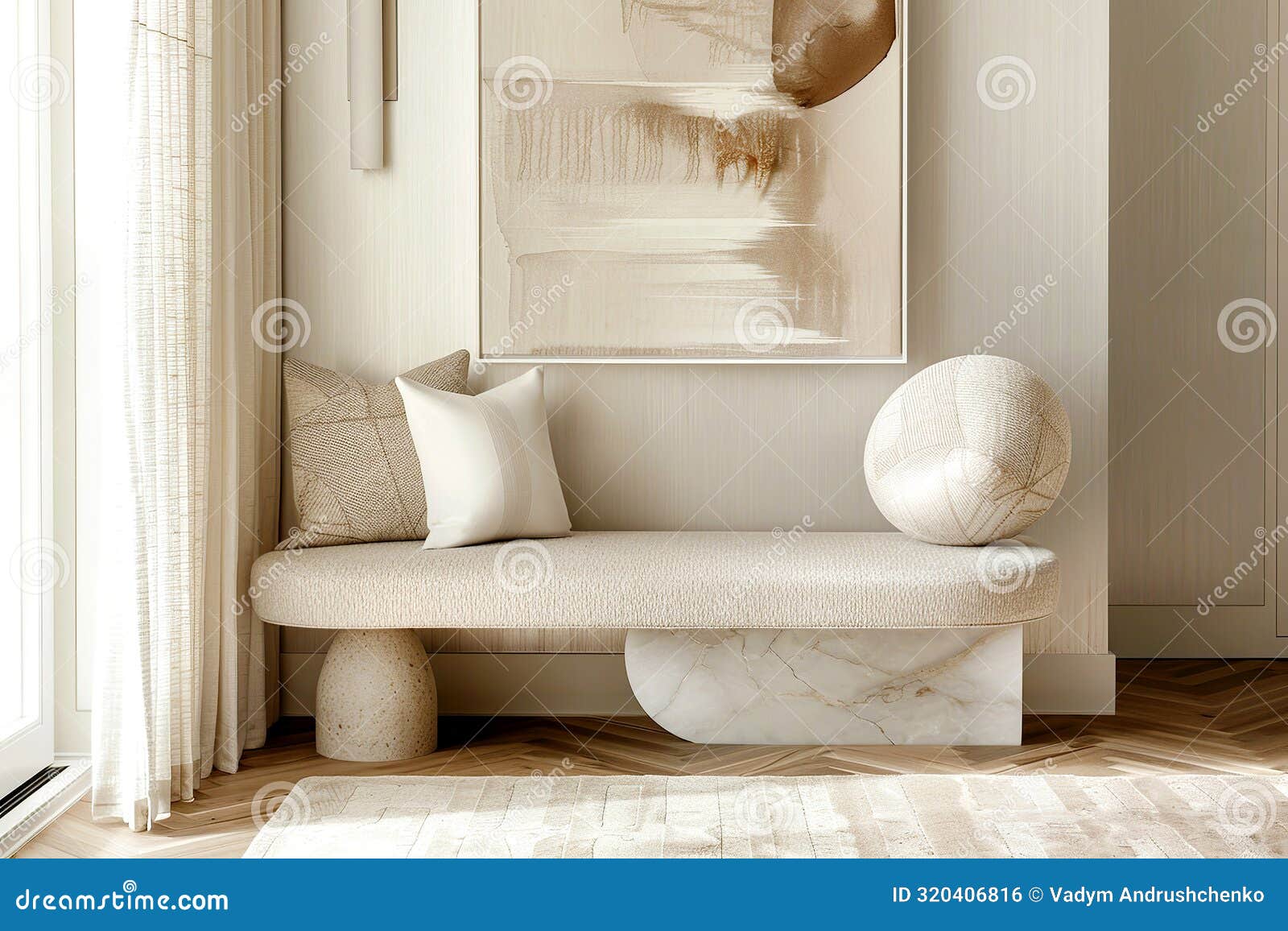 Beige Bench With Pillows At Marble Console Table Against Paneling Wall ...