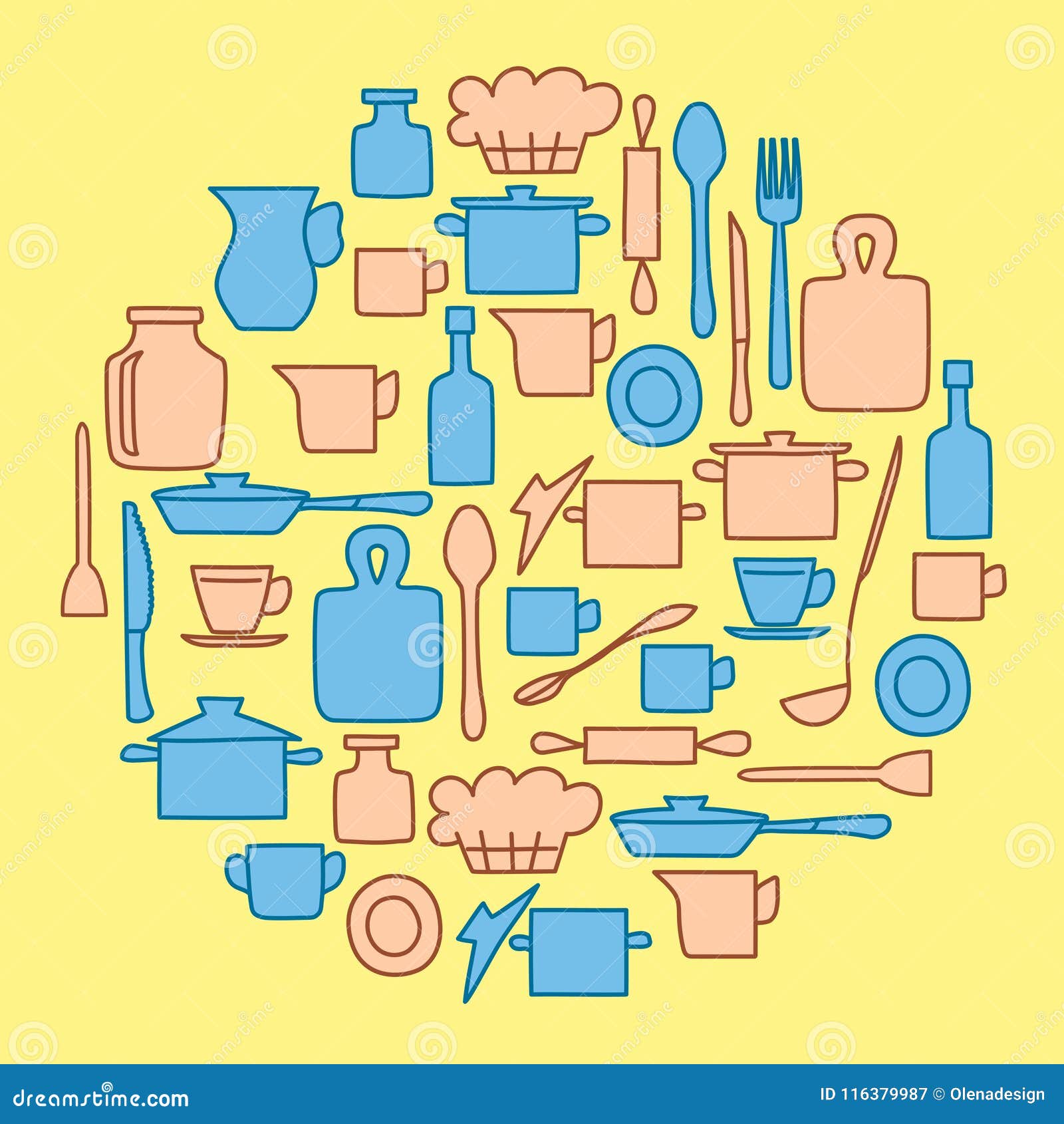 Beige and Blue Kitchenware in Round Group - Vector Illustration Stock ...