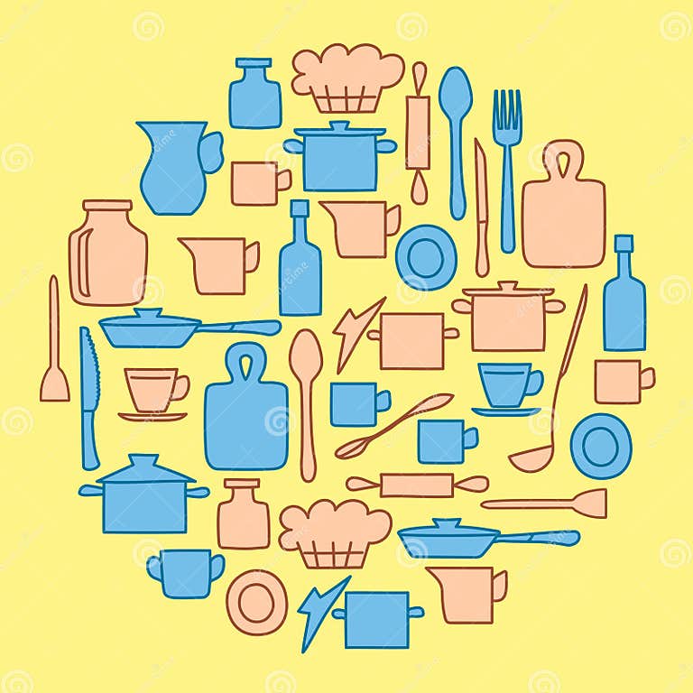 Beige and Blue Kitchenware in Round Group - Vector Illustration Stock ...