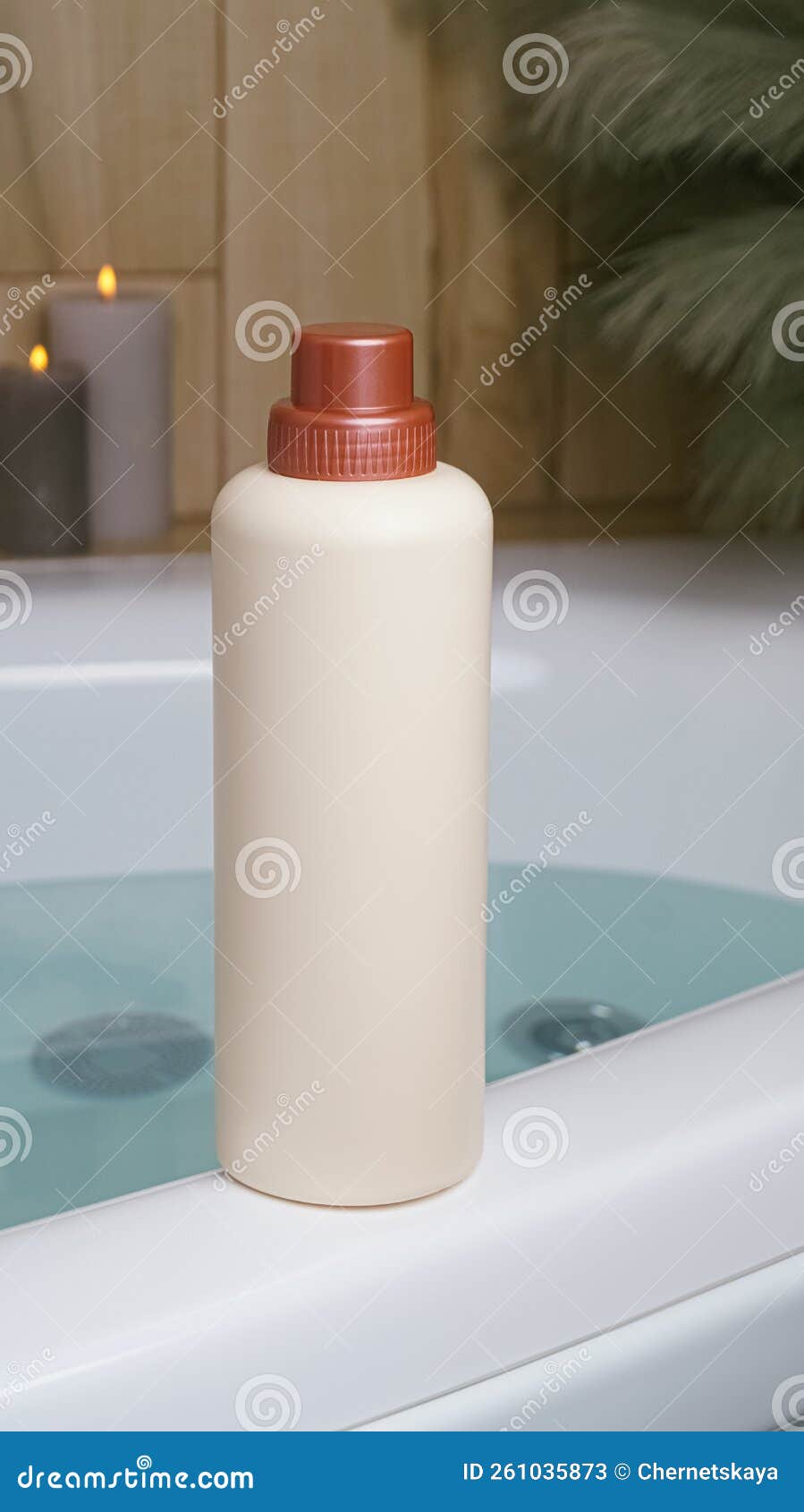 Beige Bottle of Bubble Bath and Candles on Tub Indoors Stock Image ...