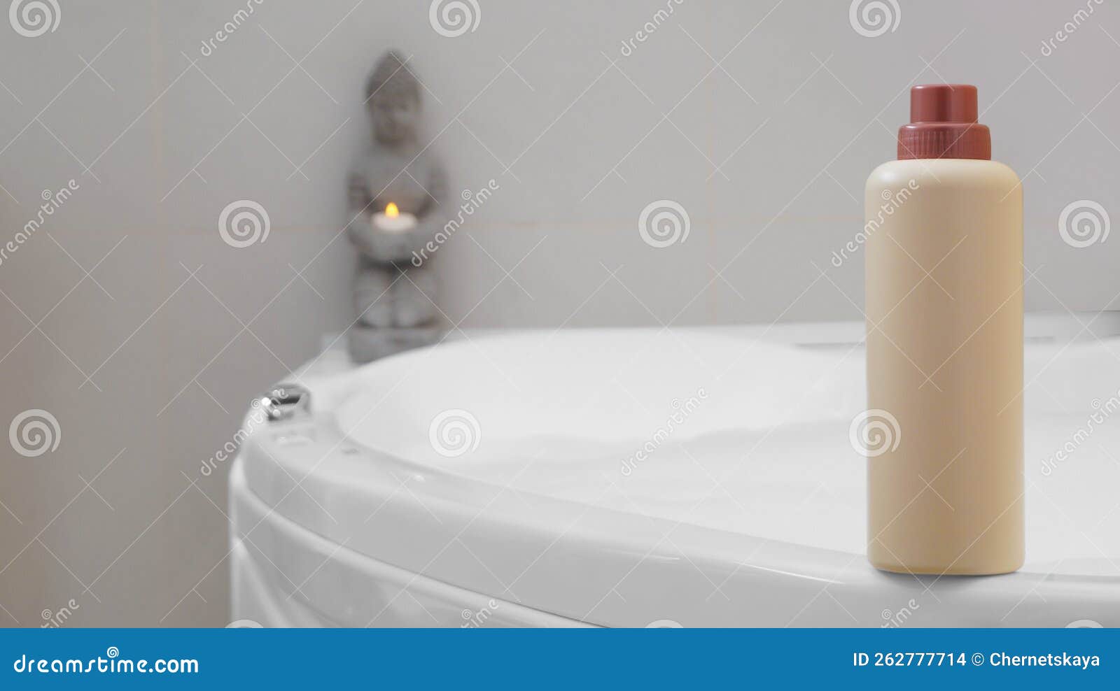 Beige Bottle of Bubble Bath on Tub Indoors, Space for Text Stock Photo ...