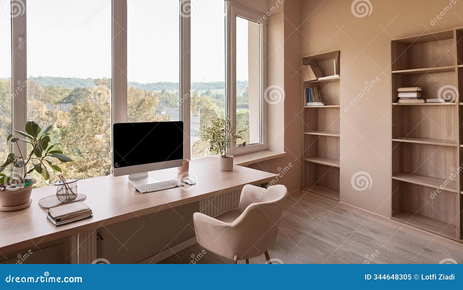 Beige Ceo Interior Desk with Pc Desktop and Shelf with Window. Mockup ...