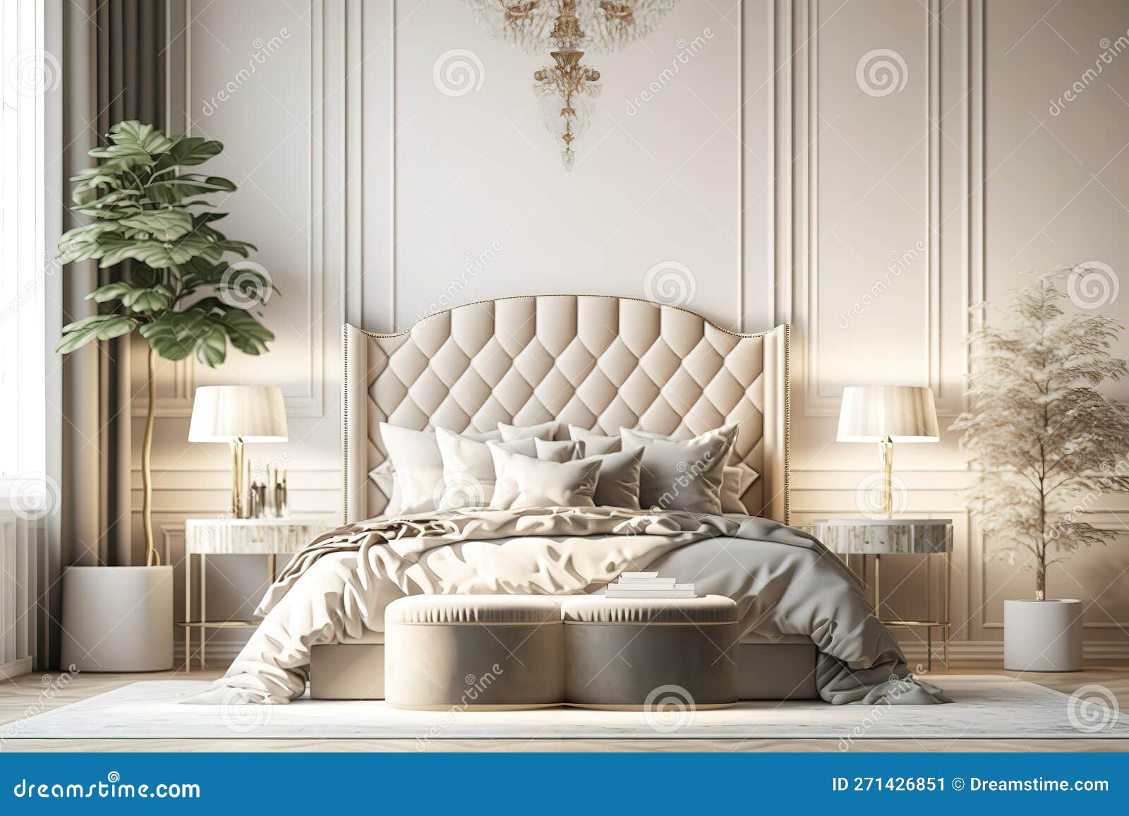 Beige Chic Luxury Bedroom 3d Rendering, Side View with Breakfast Stock ...