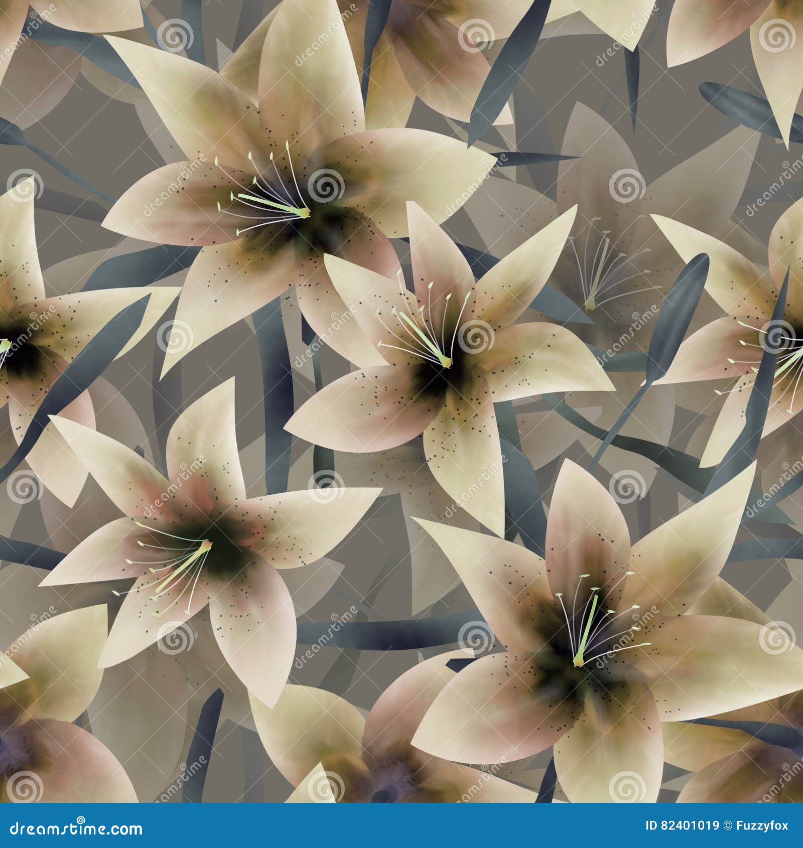 Beige Fantasy Lilly Floral Seamless Pattern Stock Illustration ...