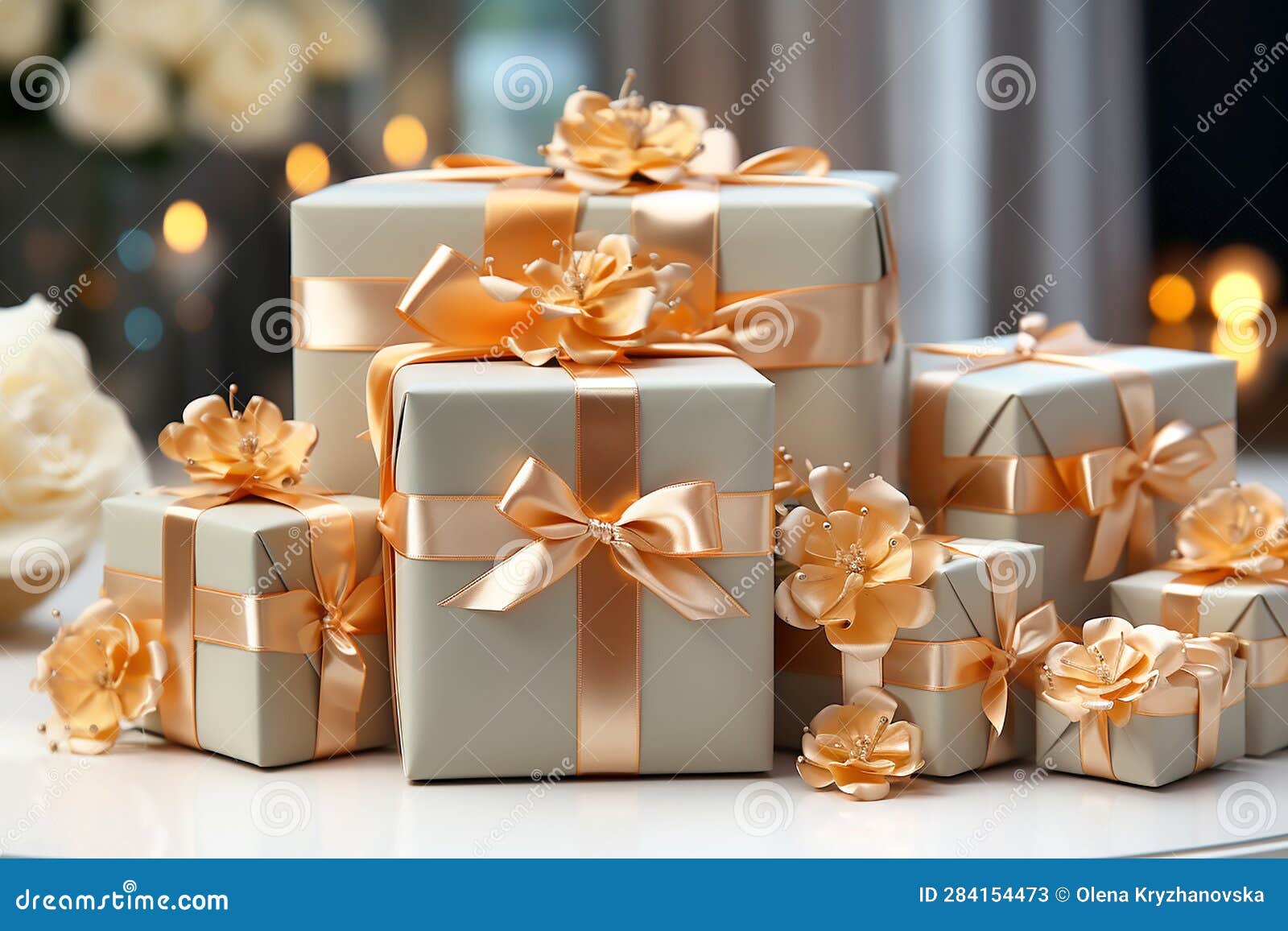 Beige Gift Boxes with Orange Bows in Interior. Generative AI Stock ...