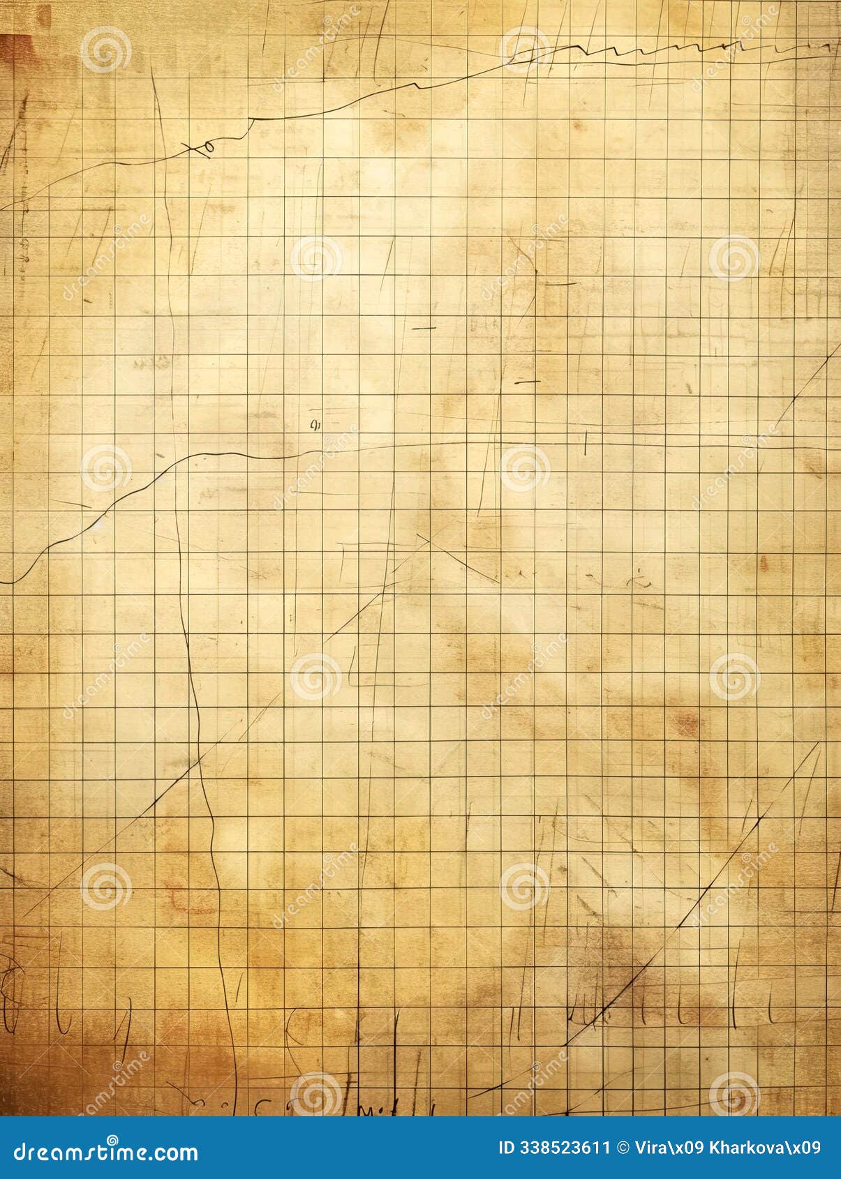 Beige Graph Paper Texture with Brown Gridlines, Creases, Worn. Close-up ...