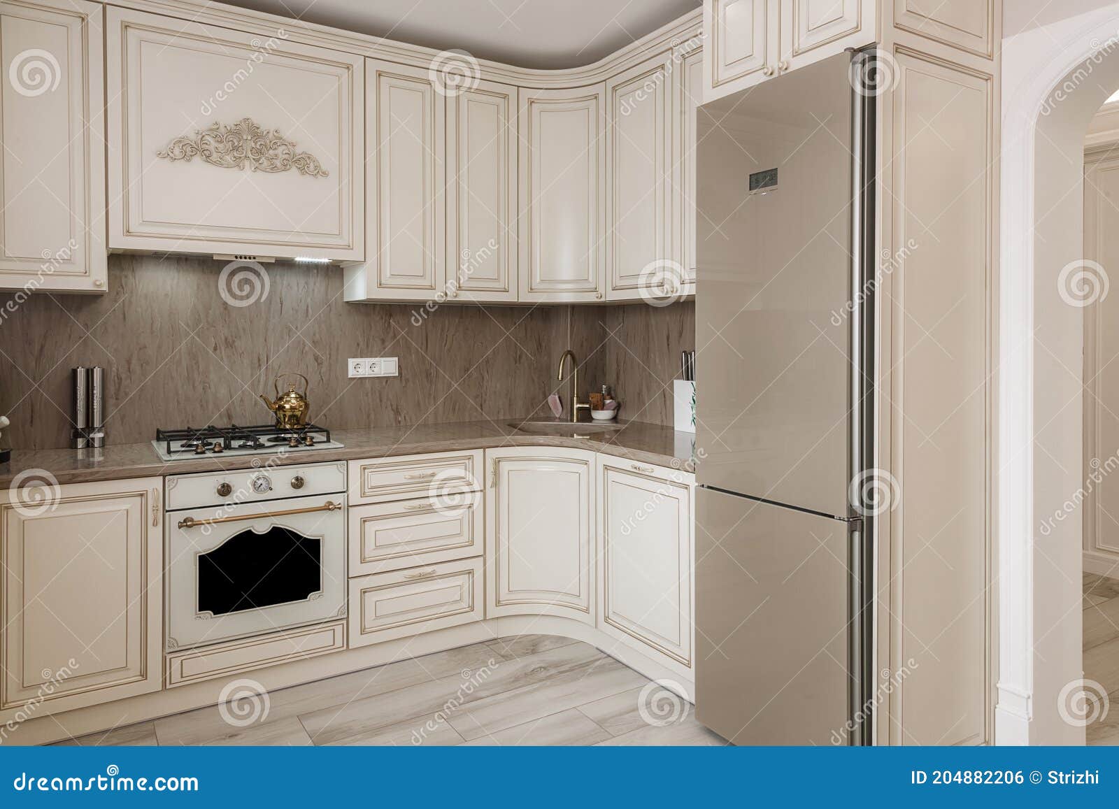 Beige Kitchen in a Modern Classic Stock Photo - Image of floor ...