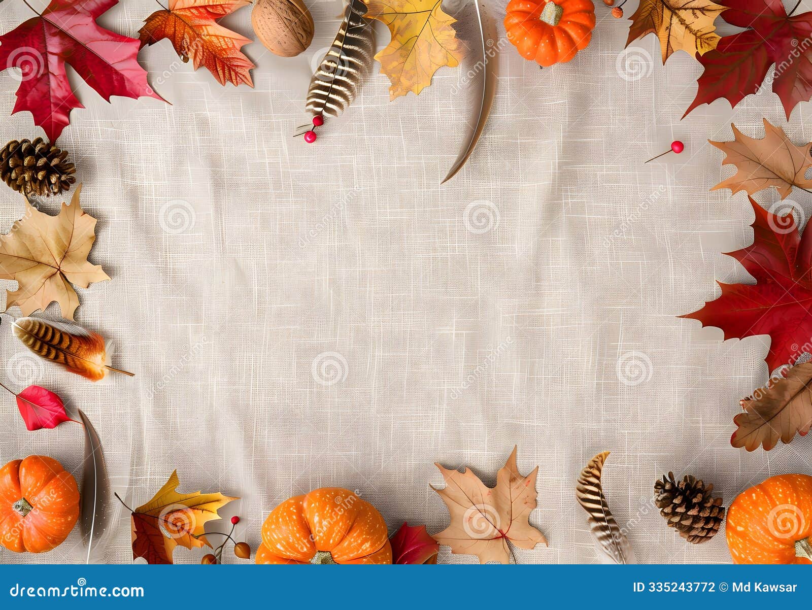 Beige Linen Background with Fall Leaves, Pumpkins & Feathers Stock ...