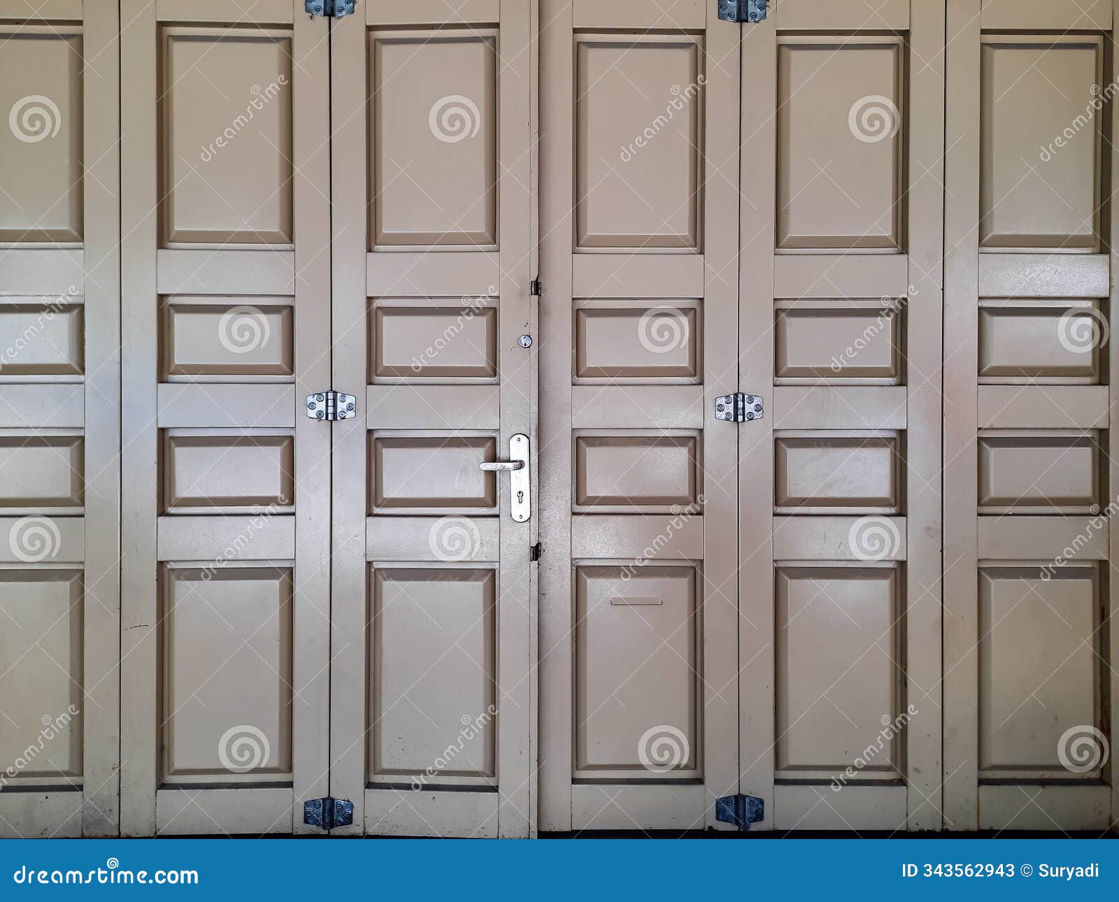 Beige Metal Double Doors with Panels and Hinges Stock Image - Image of ...