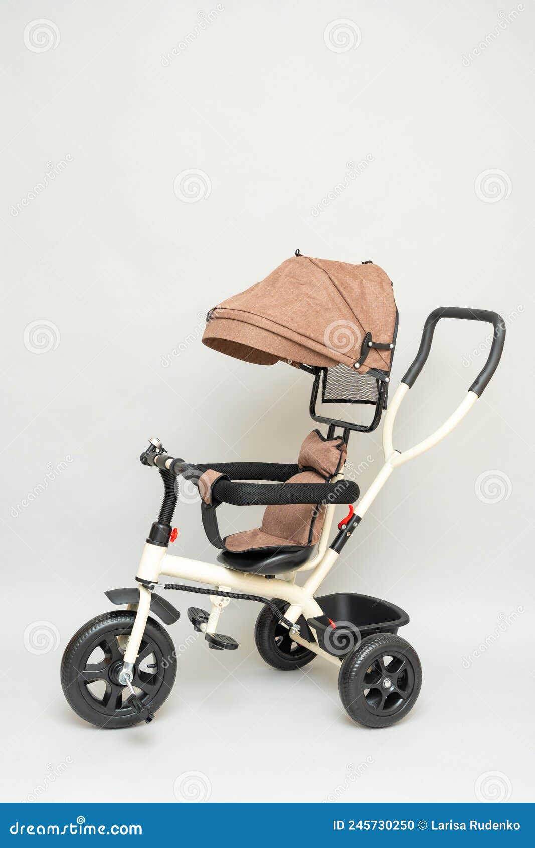 Beige Modern Children`s Three-wheeled Stroller with a Handle for ...