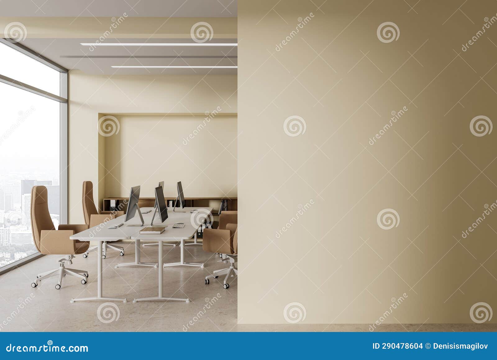 Beige Office Interior with Pc Computers, Armchairs and Window. Mockup ...