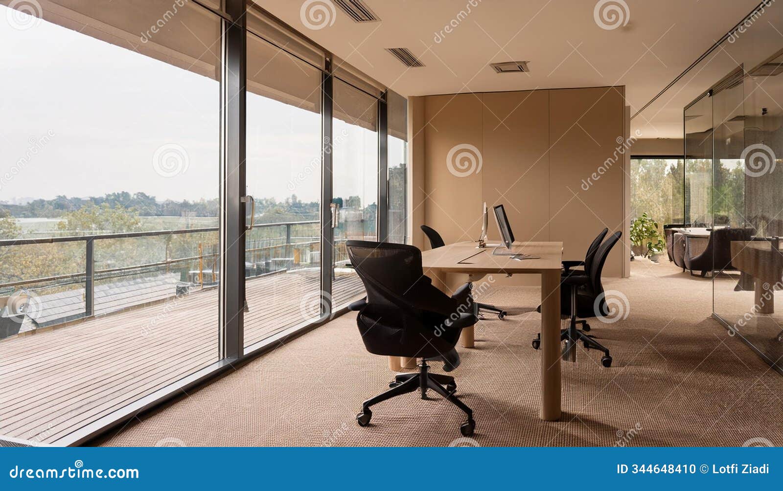 Beige Office Interior with Work Desk, Meeting Table and Panoramic ...