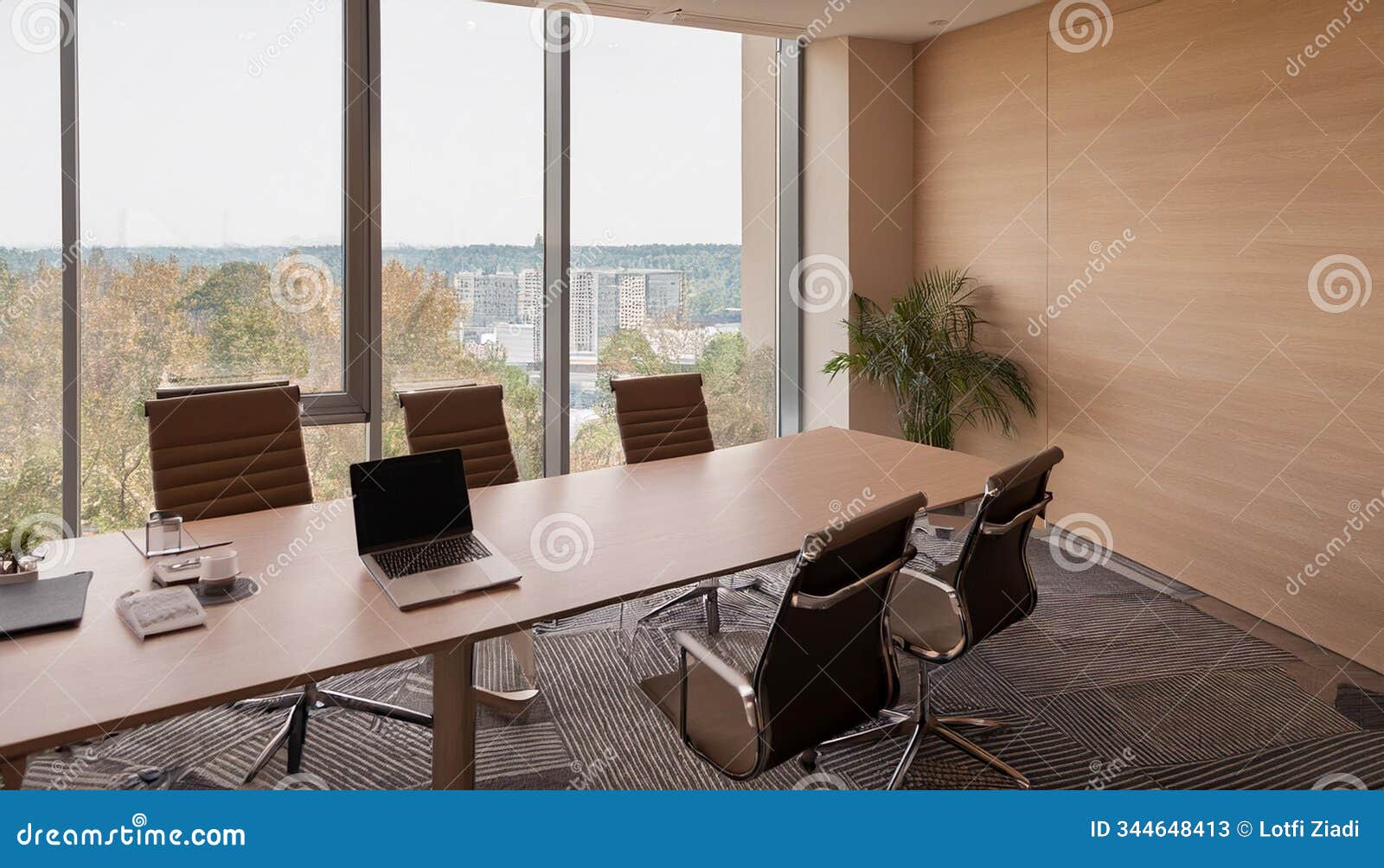 Beige Office Interior with Work Desk, Meeting Table and Panoramic ...