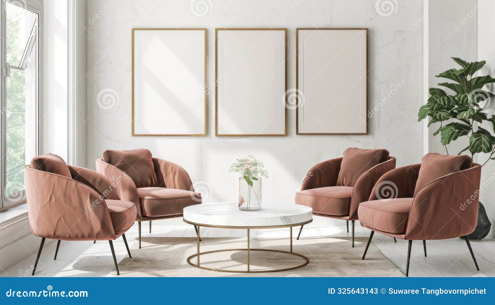 Beige Reception Room with Round Armchairs Arched Windows and Desk in a ...