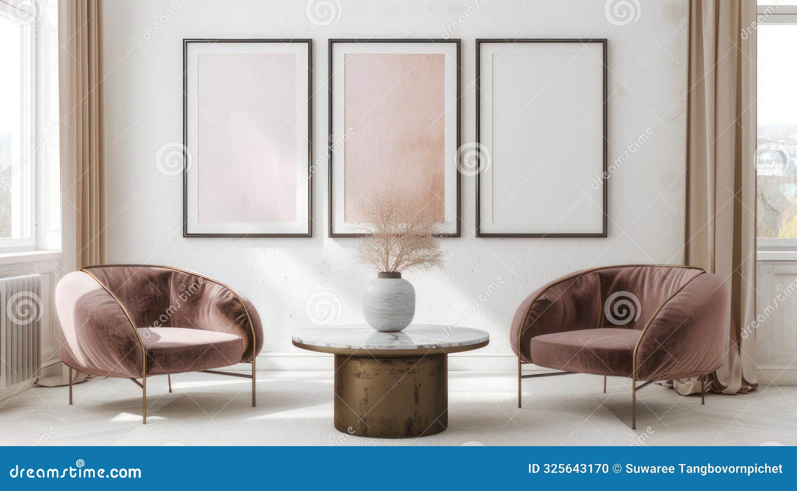 Beige Reception Room with Round Armchairs Arched Windows and Desk in a ...