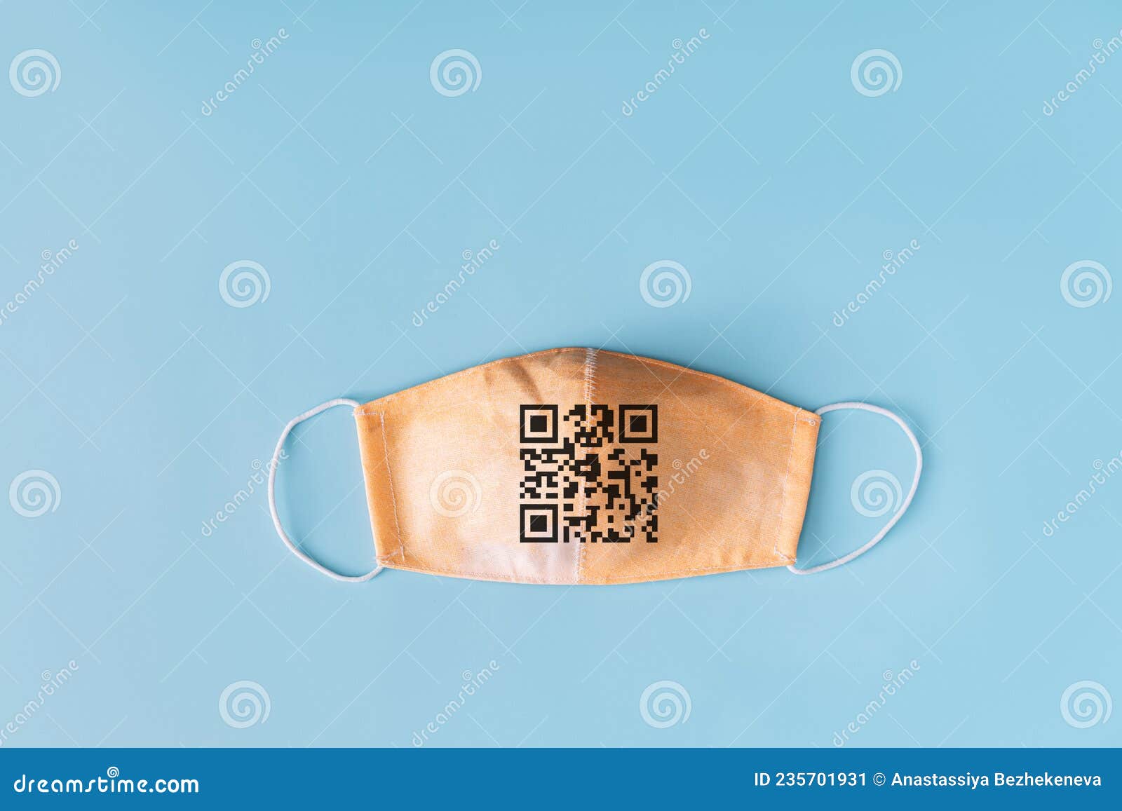 Beige Safety Mask with Qr Code on Blue Background Stock Image - Image ...
