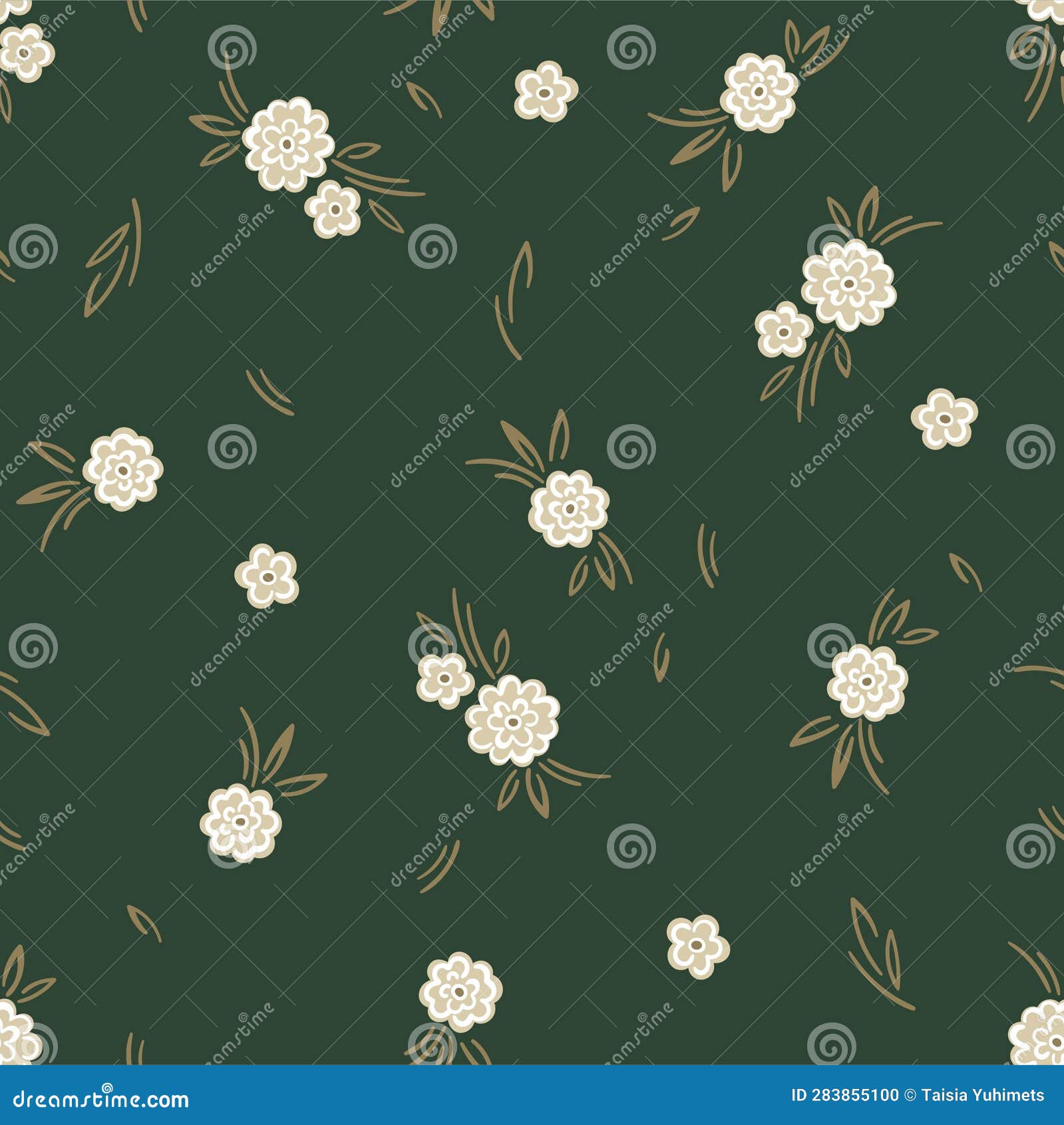 Beige Small Cute Flowers Seamless Pattern on Green Background for Print ...
