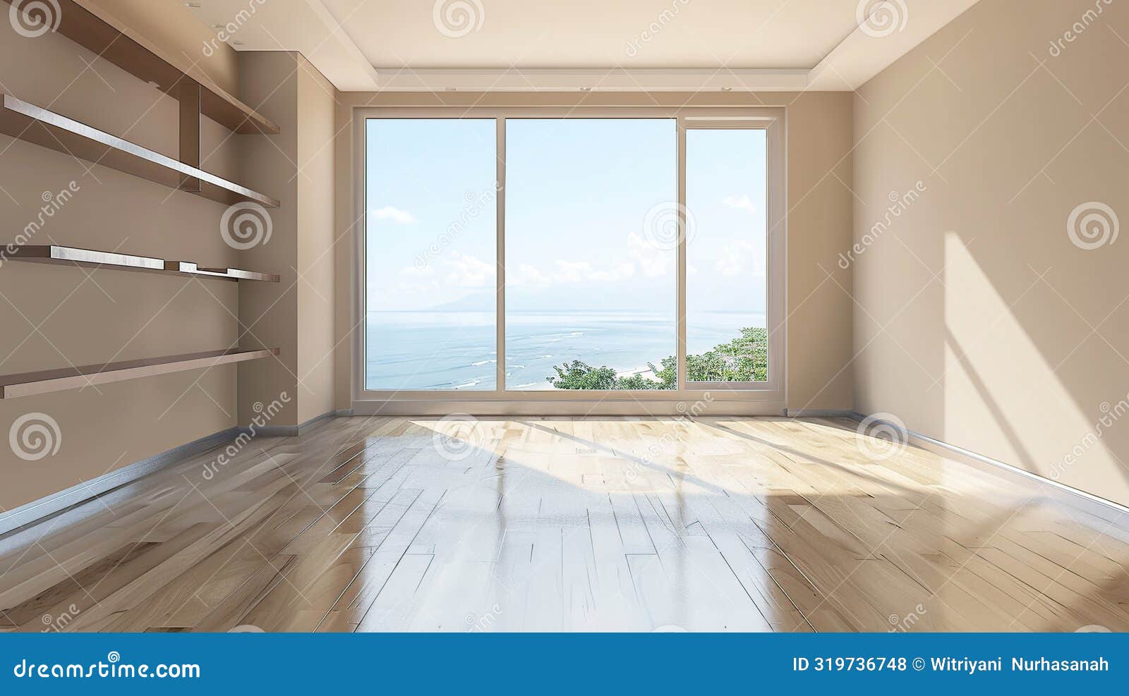 Beige Studio Interior with Hardwood Floor, Front View, Empty Open Space ...