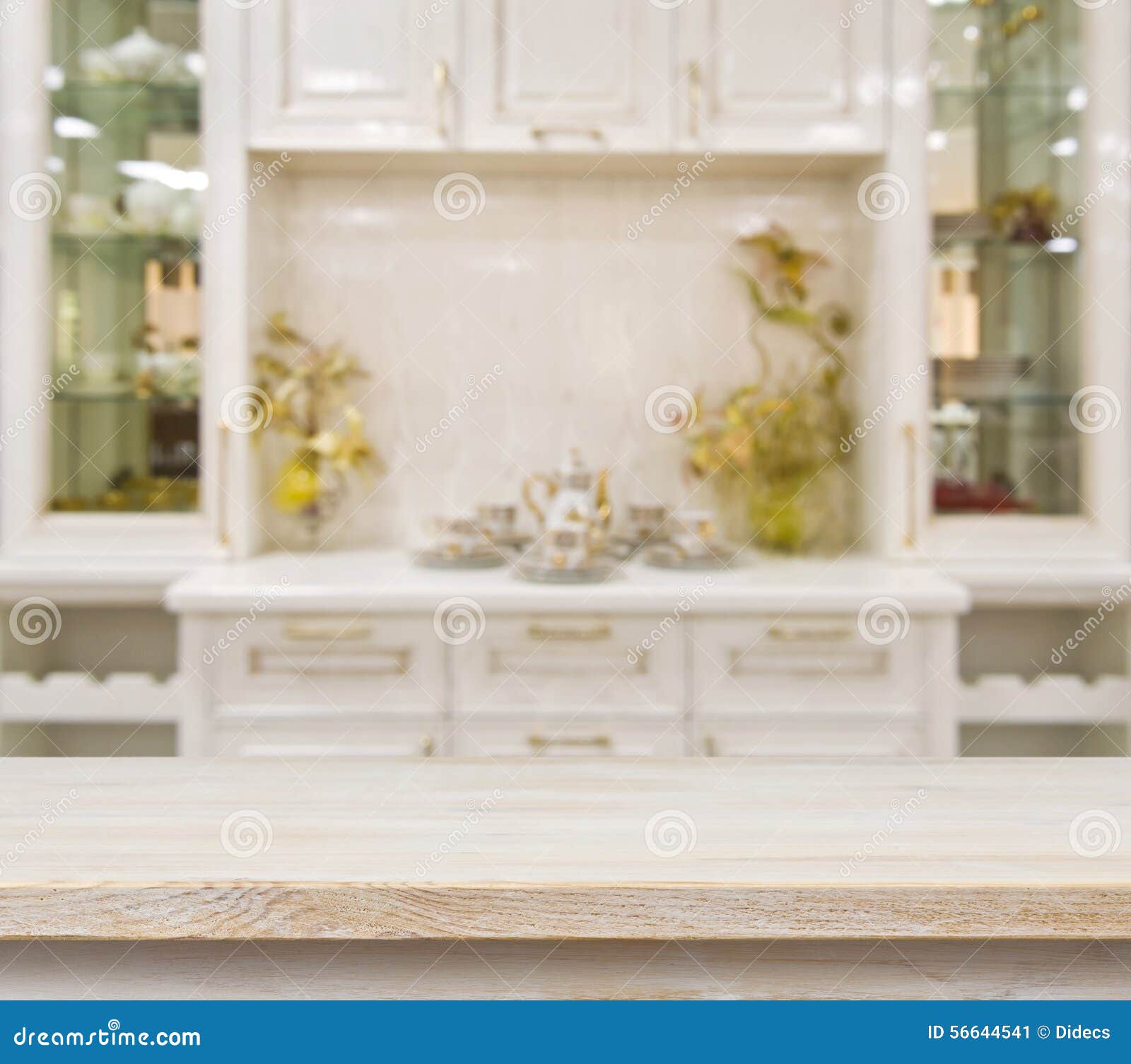 Beige Table on Defocused White Kitchen Furniture Background Stock Image ...
