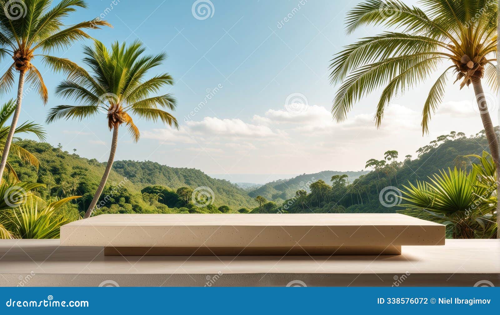 Beige Tabletop in Jungle Setting with Sky Background Stock Photo ...