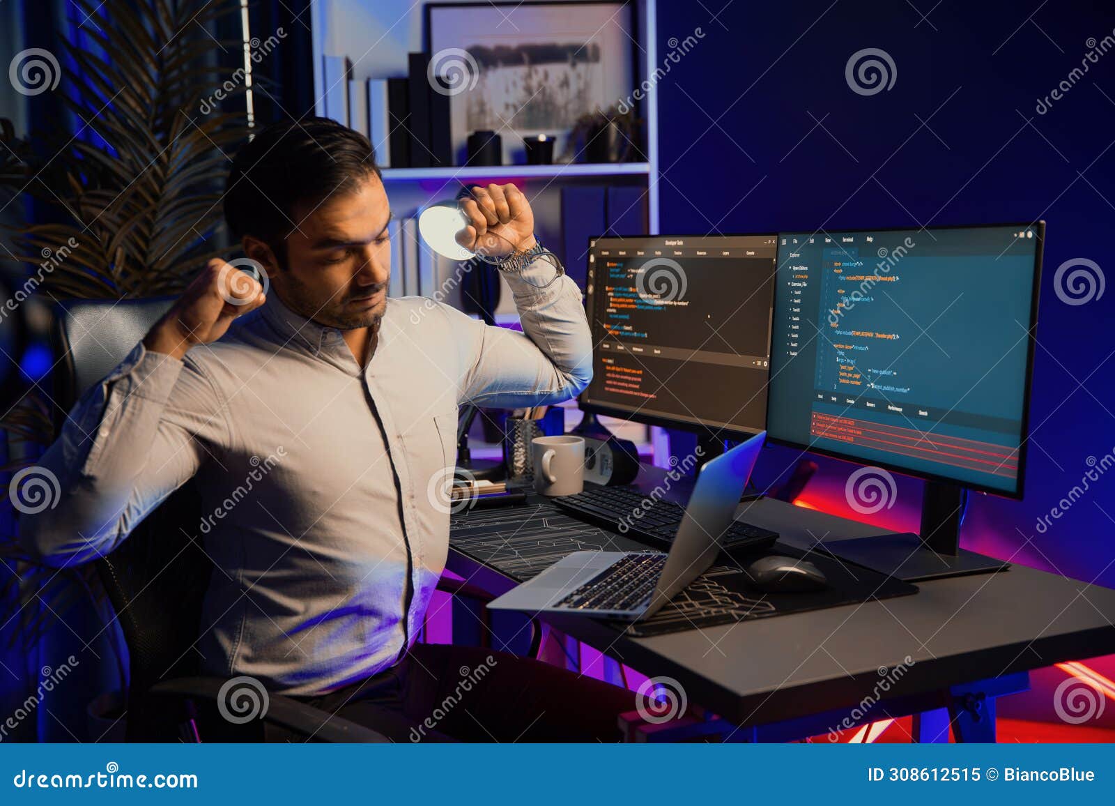 It Being Tried of Overwork on Solve Problem at Neon Light Office ...