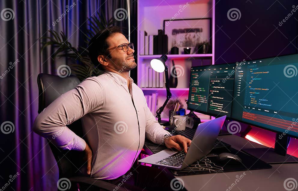 It Being Tried of Overwork on Solve Problem at Neon Light Office. Surmise. Stock Image - Image ...