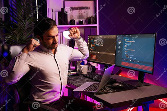 It Being Tried of Overwork on Solve Problem at Neon Light Office. Surmise. Stock Photo - Image ...