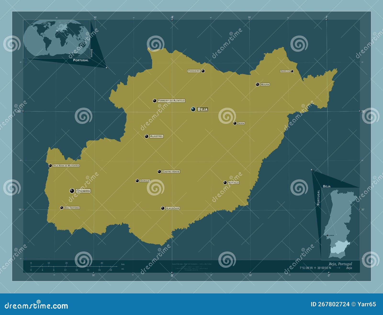 Beja, Portugal. Solid. Labelled Points of Cities Stock Photo - Image of ...