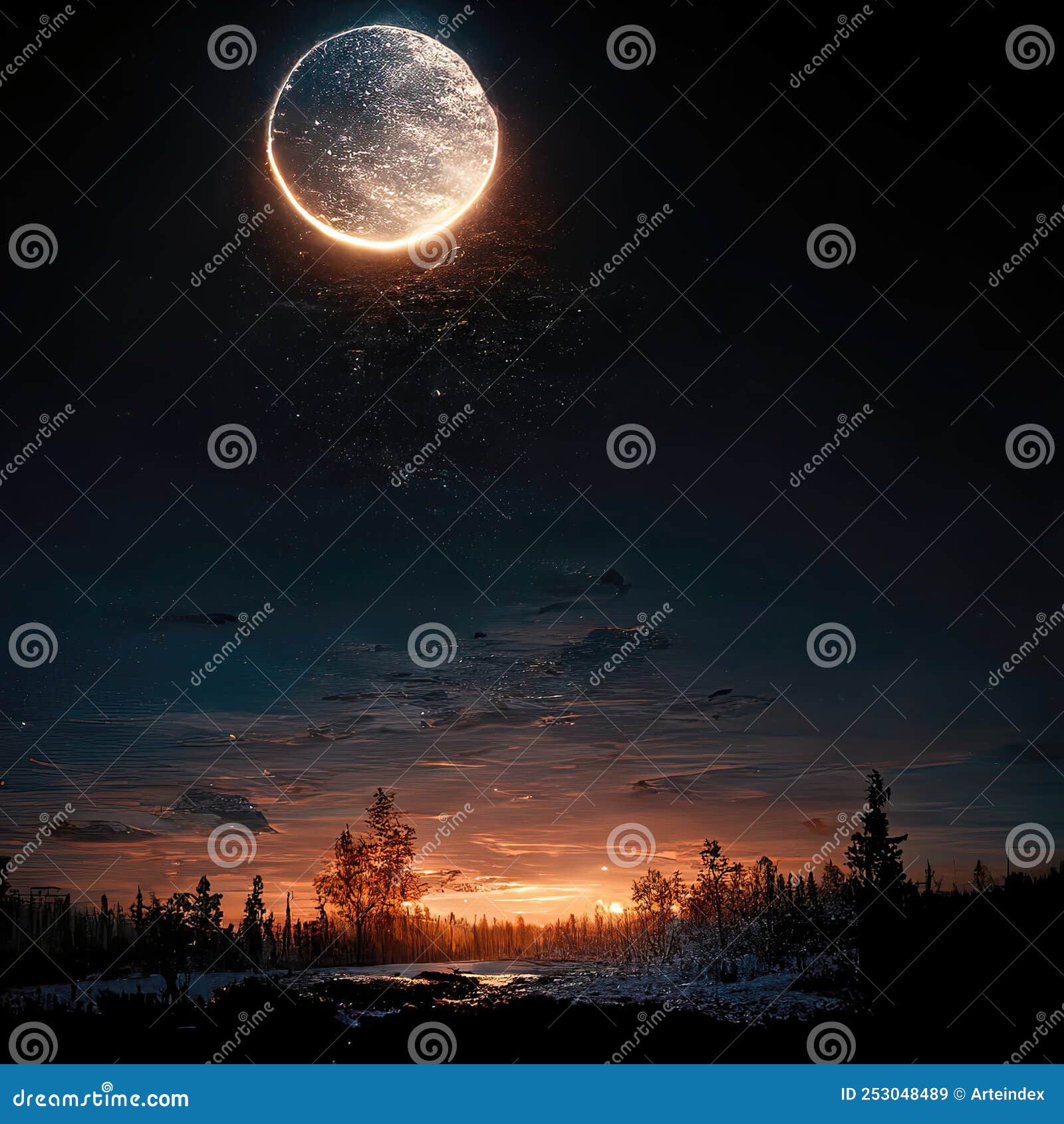 Bela Paisagem De Lua Cheia Sobre Uma Linha De Floresta Imagem de Stock ...