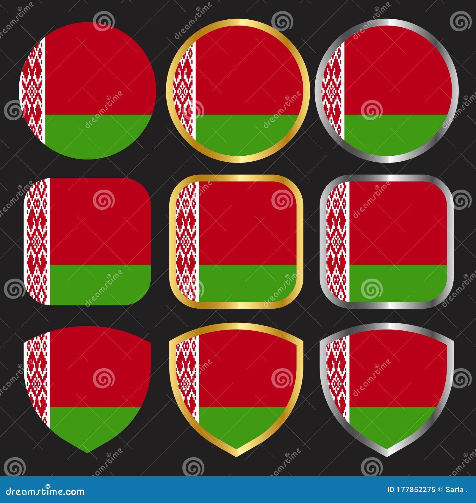 Belarus Flag Vector Icon Set with Gold and Silver Border Stock ...