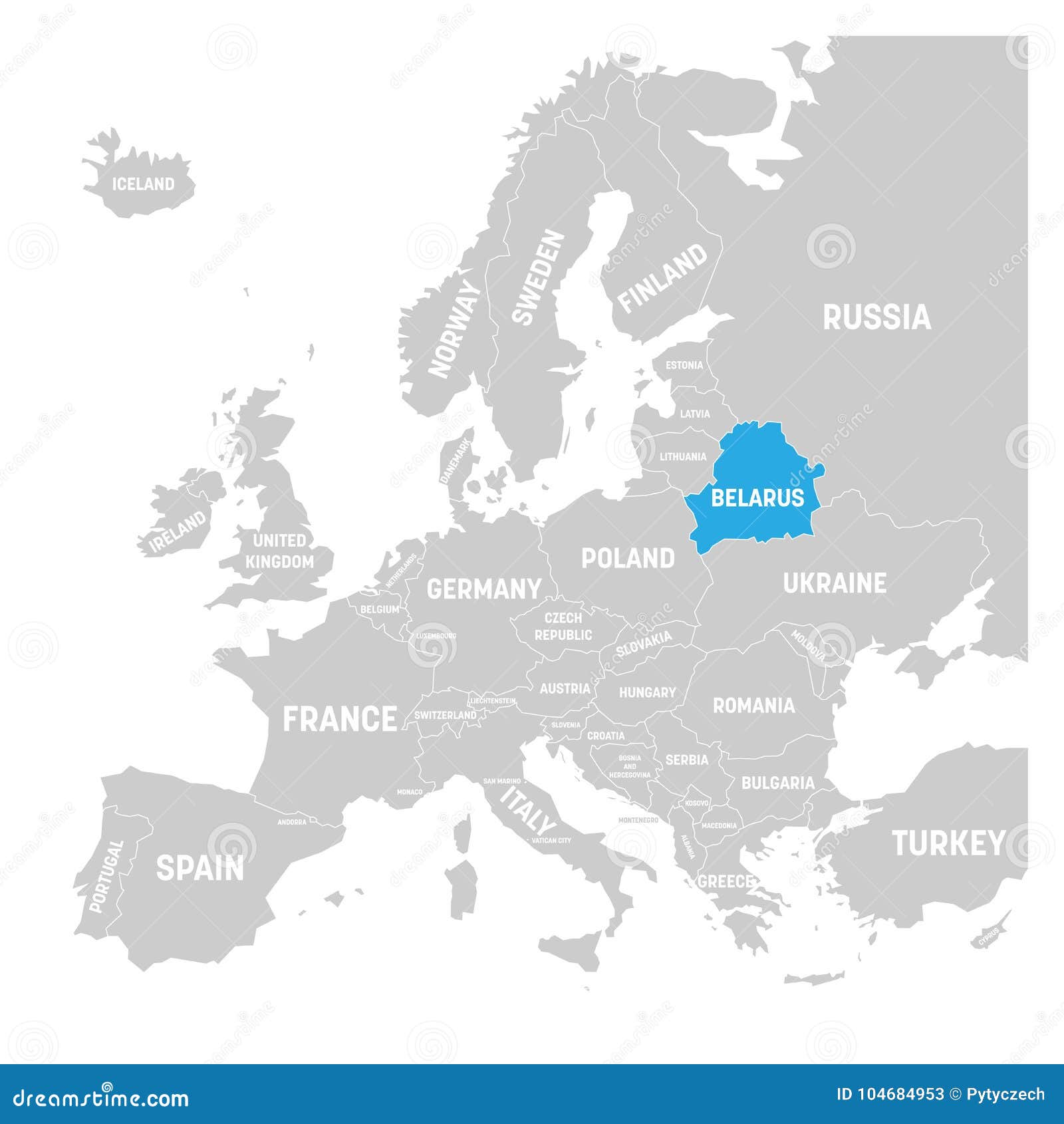 Belarus Marked by Blue in Grey Political Map of Europe. Vector ...