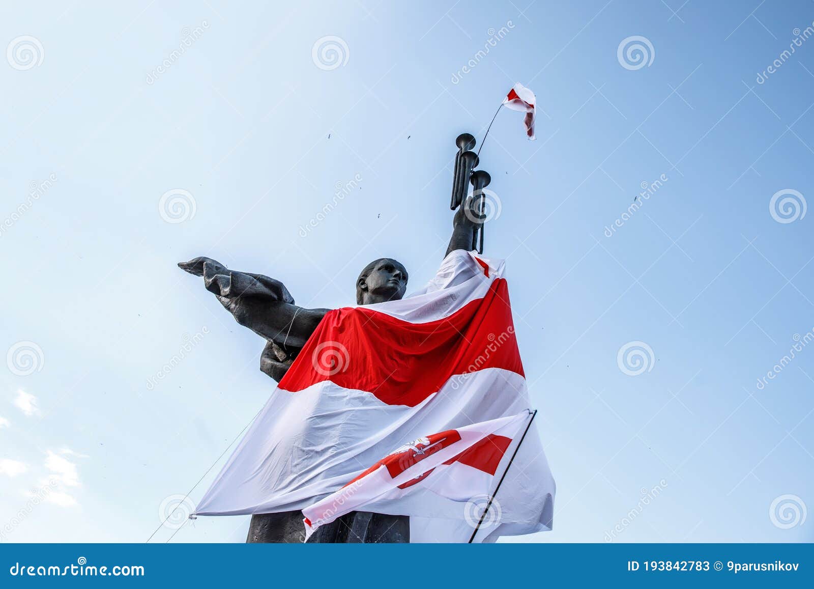 Belarus Protest. Victory Sculpture and the White Red White Flag. Stock ...