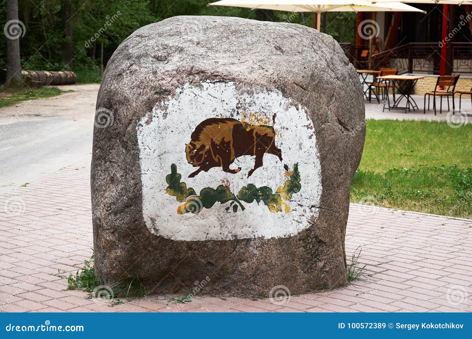 Belarus. Stone with the Image of the Bison in Belovezhskaya Pushcha ...