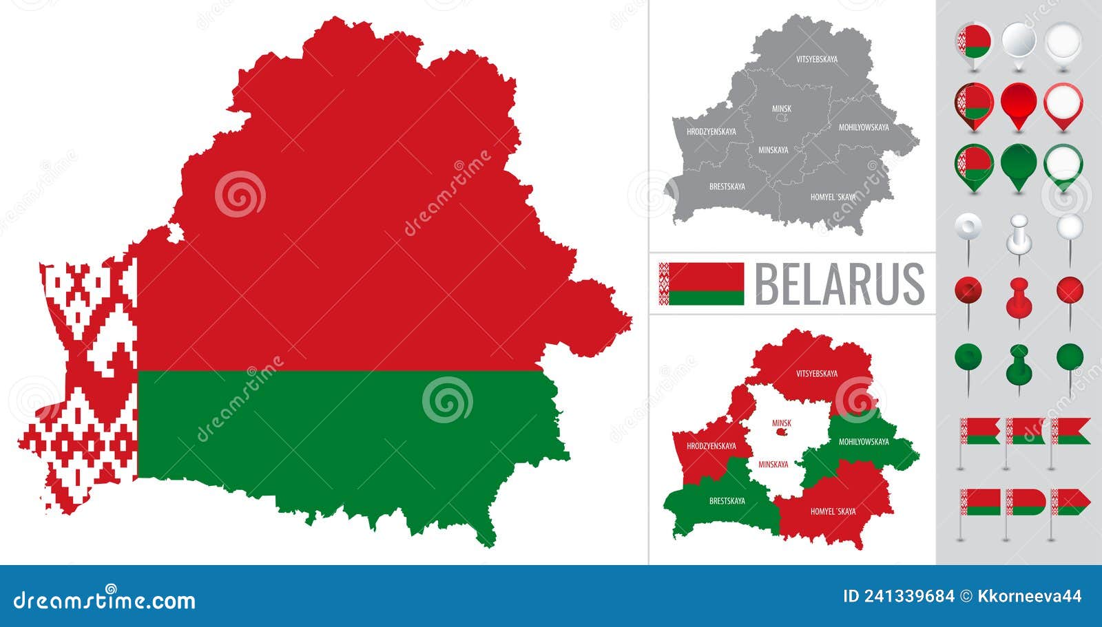 Belarus Vector Map with Flag, Globe and Icons on White Background Stock ...