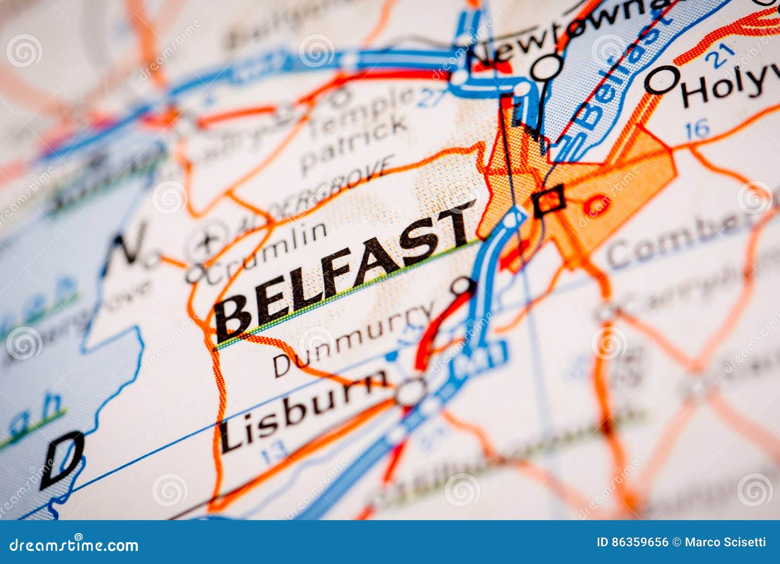 Belfast City on a Road Map stock photo. Image of northern - 86359656