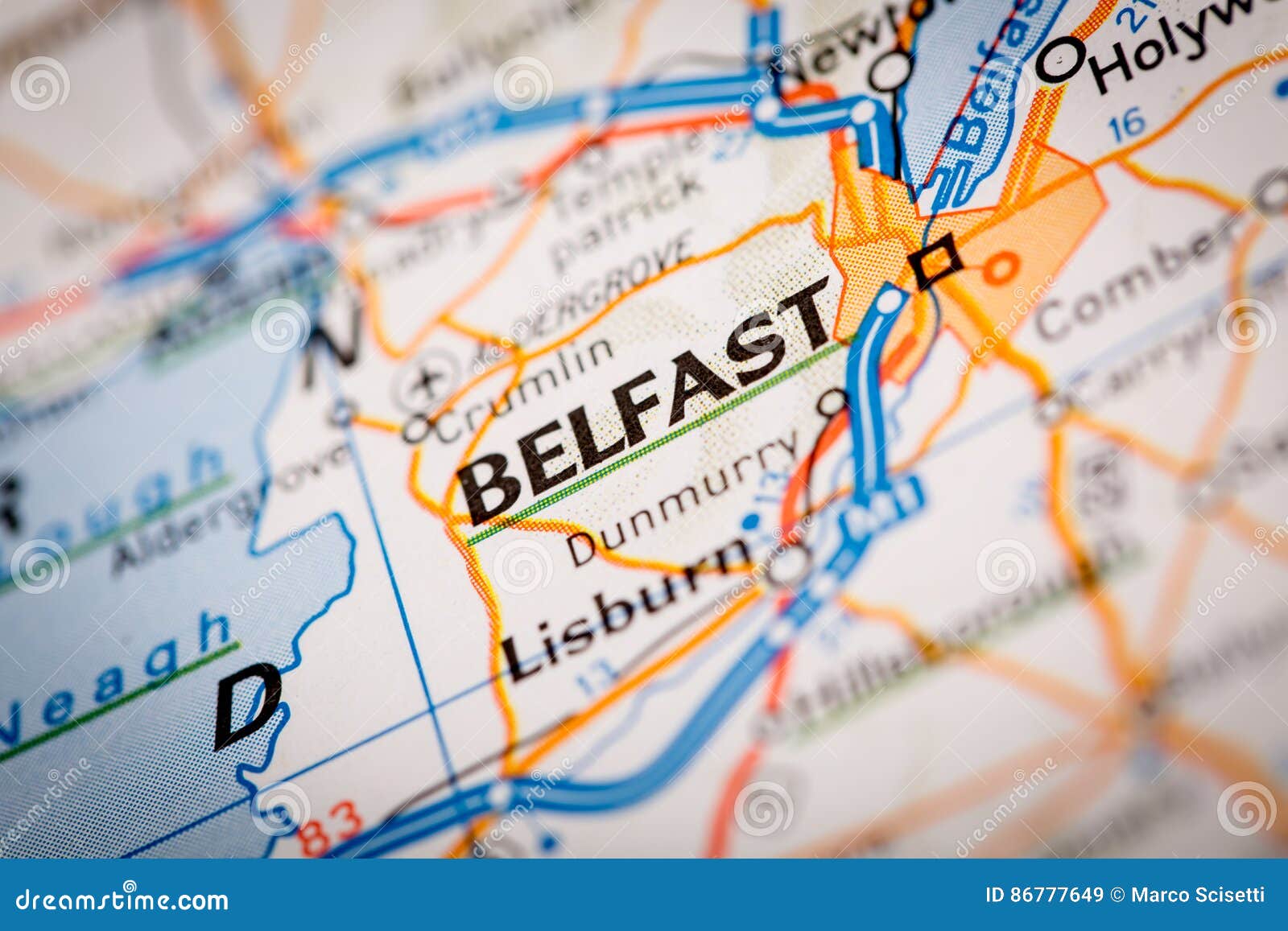 Belfast City on a Road Map stock image. Image of selective - 86777649