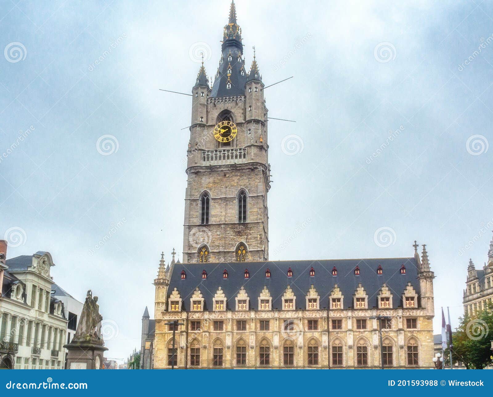 Belfry of Ghent, Belgium on Background of Clouds Stock Photo - Image of ...
