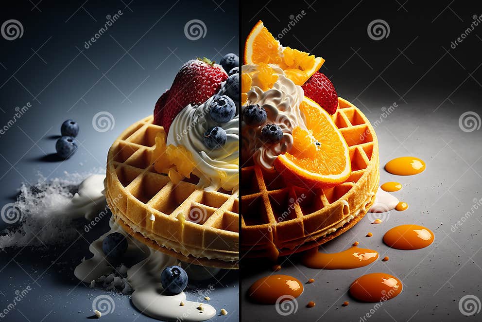 Belgian Waffle Ads With Delicious Fruit And Cream Illustration