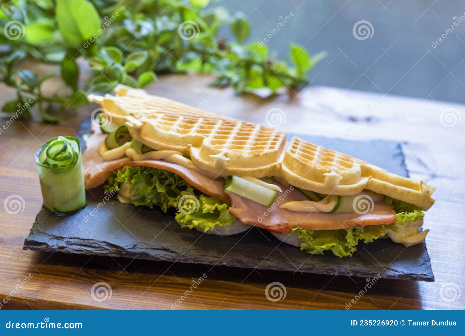 Belgian Waffle with Fish and Avocado Stock Photo - Image of brunch ...
