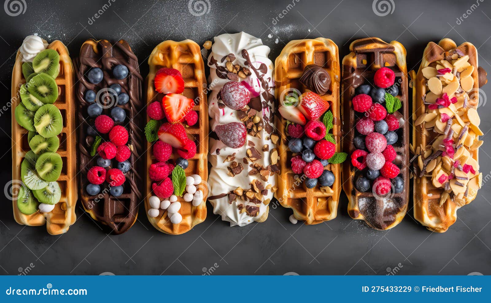 Belgian Waffles in a Row with Different Toppings, AI Generative Stock ...