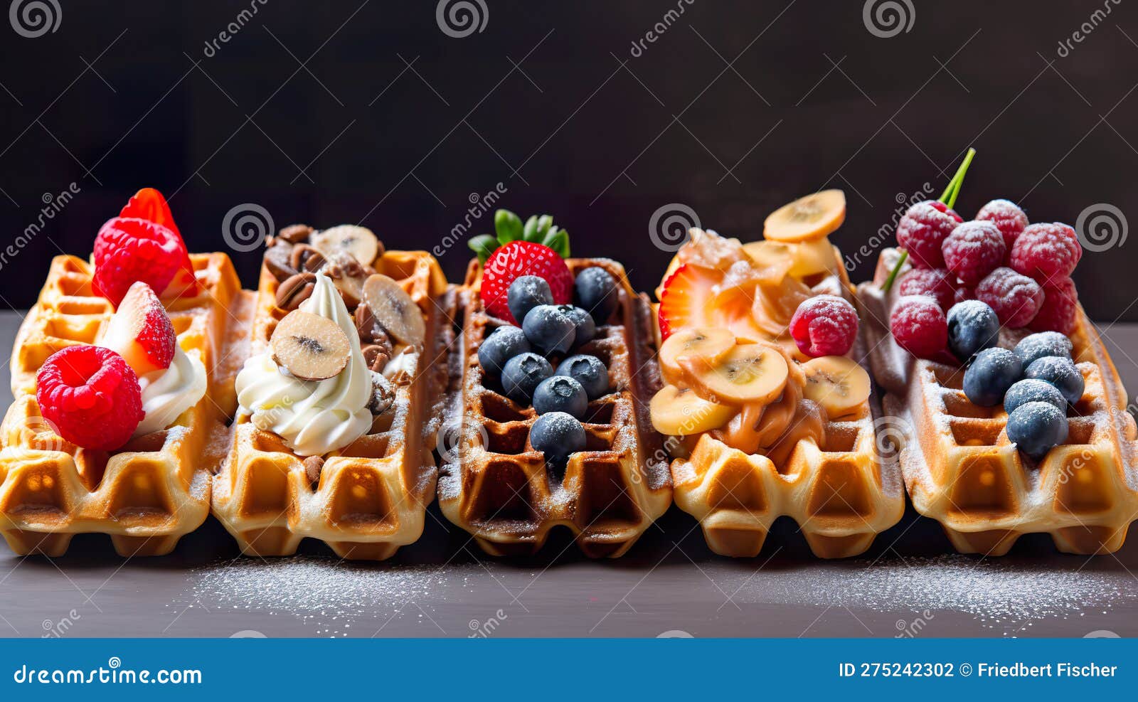Belgian Waffles in a Row with Different Toppings, AI Generative Stock ...