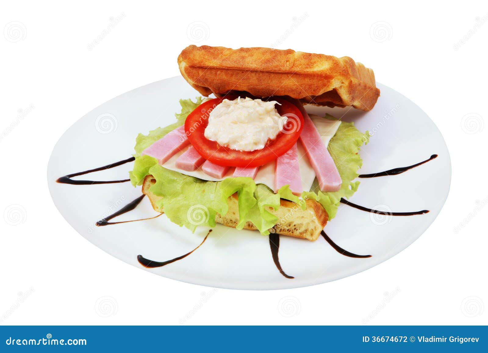 Belgian Waffles Sandwich with Melted Cheese and Ham. Stock Photo ...
